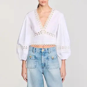 Sandro Poplin Crop Top With Lace Trim