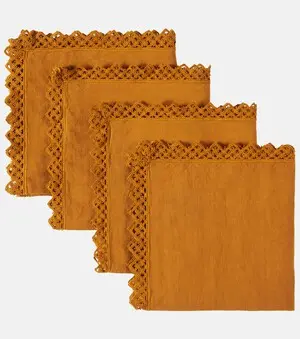 ONCE MILANO Set Of 4 Macramé-trimmed Linen Napkins - Yellow