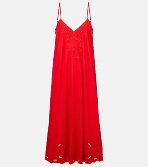 JULIET DUNN Embroidered Cotton Poplin Midi Dress - Red