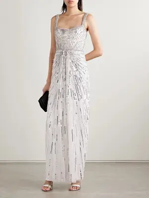 Jenny Packham Chrissy Draped Embellished Gown - Neutrals