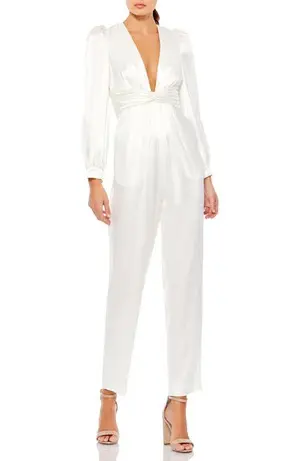 Mac Duggal Satin Charmeuse Jumpsuit With Plunging Neckline - White