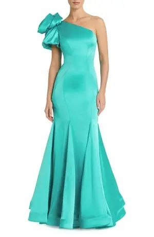 Mac Duggal Satin Mermaid Dramatic Rosette One Shoulder Gown - Teal