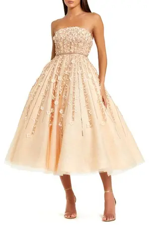 Mac Duggal Embellished Lace Strapless Midi A-line Dress - Champagne