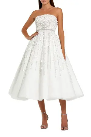 Mac Duggal Embellished Lace Strapless Midi A-line Dress - Ivory