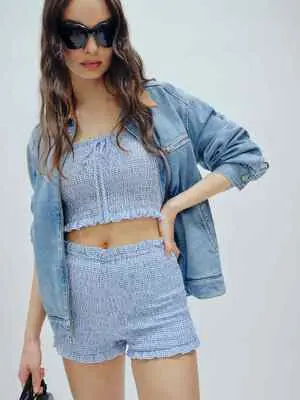 REFORMATION Abbie Check Shorts - Blue