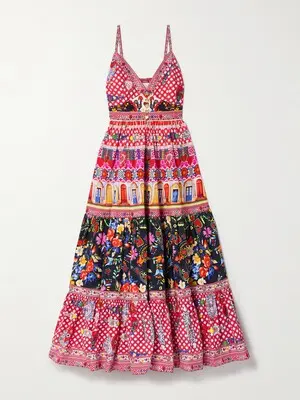 Camilla Tiered Crystal-embellished Printed Organic Cotton-poplin Maxi Dress - Red