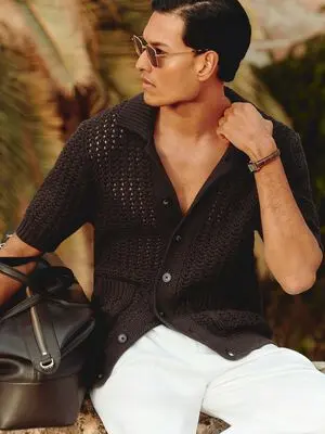 REISS Amir Crochet Button-through Shirt Chocolate Brown