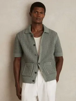 REISS Amir Crochet Button-through Shirt - Sage Green
