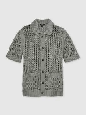 REISS Amir Crochet Button-through Shirt - Sage Green