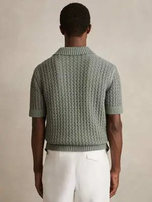 REISS Amir Crochet Button-through Shirt - Sage Green