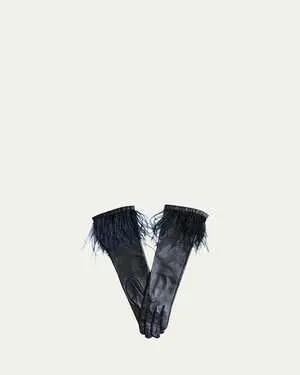 PAULA ROWAN Simone Feather-trim Leather Gloves - Black
