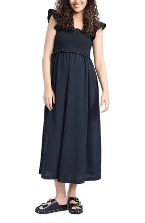 Motherhood Maternity Sleeveless Ruffle Shoulder Smocked Maxi Dress - Black