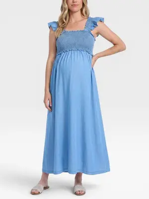 Motherhood Maternity Sleeveless Ruffle Shoulder Smocked Maxi Dress - Chambray