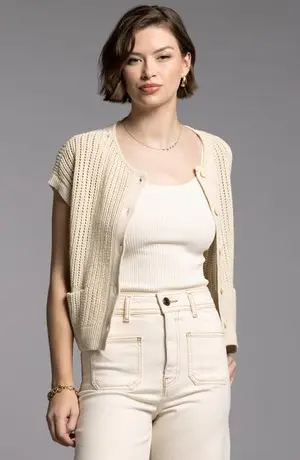 WEEKEND LOS ANGELES Violette Linen And Cotton Short Sleeve Cardigan - Bone