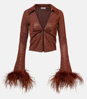 Oseree Oséree Lumière Plumage Feather-Trimmed Blouse Brown