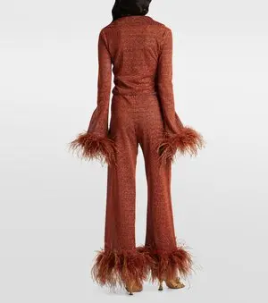 Oseree Lumière Plumage Feather-trimmed Blouse - Brown