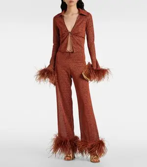 Oseree Lumière Plumage Feather-trimmed Straight Leg Pants - Brown