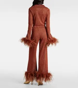 Oseree Lumière Plumage Feather-trimmed Straight Leg Pants - Brown
