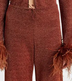 Oseree Lumière Plumage Feather-trimmed Straight Leg Pants - Brown