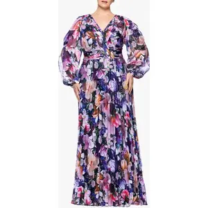 Betsy & Adam Metallic Floral Pleated Gown - Purple Multi