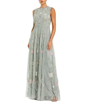Mac Duggal Floral Embellished Mesh Gown - Sage Multi