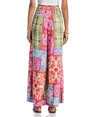 Aqua Mixed Print Smocked Waist Wide Leg Pants