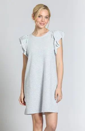 APNY Double Ruffle Sleeve Cotton Minidress - Chambray White