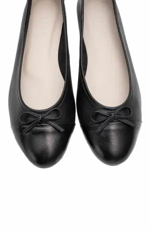 FOREVER & ALWAYS SHOES Rayne Cap Toe Ballet Flats - Black Leather