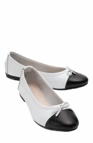 FOREVER & ALWAYS SHOES Rayne Cap Toe Ballet Flats White Black Leather
