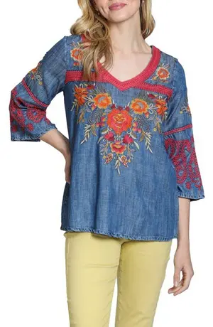 APNY Floral Embroidered Denim Top