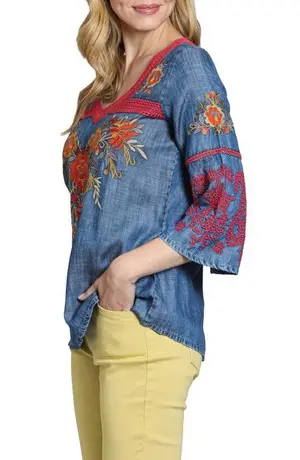 APNY Floral Embroidered Denim Top