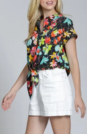 APNY Printed Tie Waist Cotton Camp Shirt