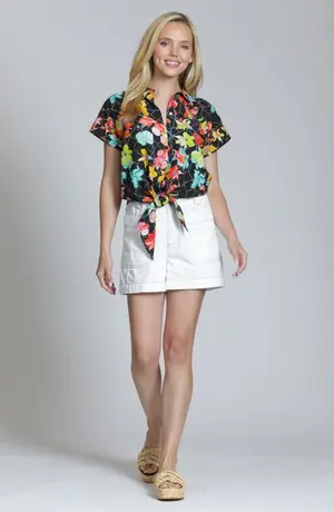 APNY Printed Tie Waist Cotton Camp Shirt