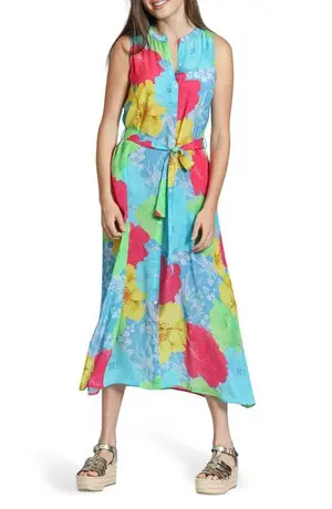 APNY Print Sleeveless Maxi Shirt Dress - Blue Multi