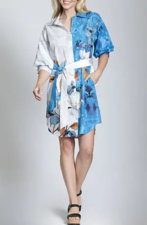 APNY Print Cotton Shirt Dress - Blue Multi