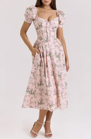 House Of Cb Lulabell Puff Sleeve Midi Dress - Print