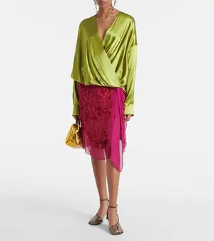 Dries Van Noten Draped Silk-blend Satin Blouse - Green