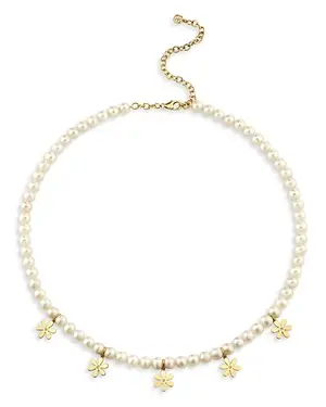 SYDNEY EVAN 14k Yellow Gold Freshwater Pearl & Diamond Daisy Charm Necklace - White