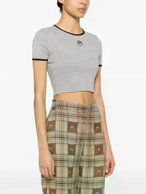 MARINE SERRE Moon Logo Ribbed Jersey Cropped Top - Grey