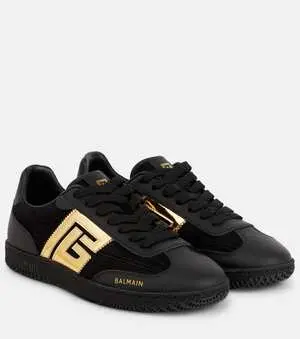 Balmain Pb Suede And Mirrored Faux Leather Sneakers