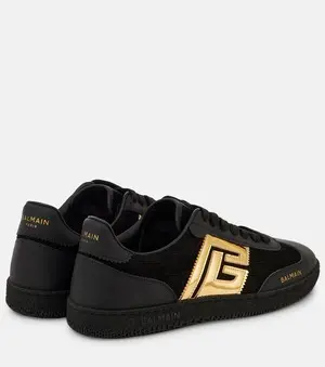 Balmain Pb Suede And Mirrored Faux Leather Sneakers