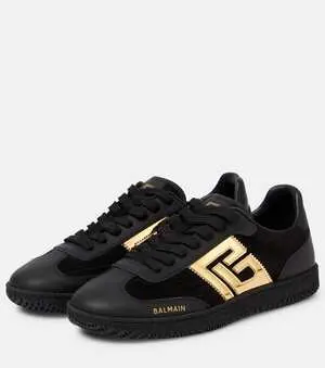 Balmain Pb Suede And Mirrored Faux Leather Sneakers