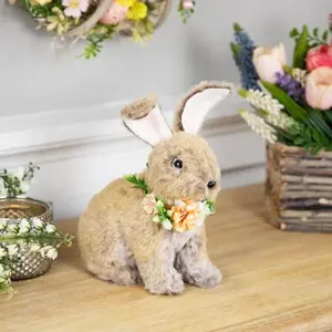 NORTHLIGHT Plush Rabbit With Flower Wreath Easter Figurine8.5