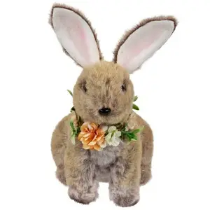 NORTHLIGHT Plush Rabbit With Flower Wreath Easter Figurine8.5
