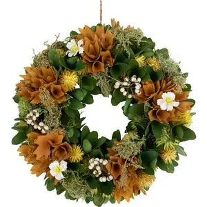 NORTHLIGHT Mixed Shaved Wood Florals Artificial Small Spring Wreath11" - Orange