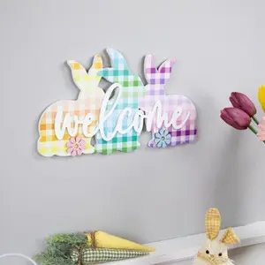 NORTHLIGHT Gingham Bunnies Welcome Easter Wall Sign13.75