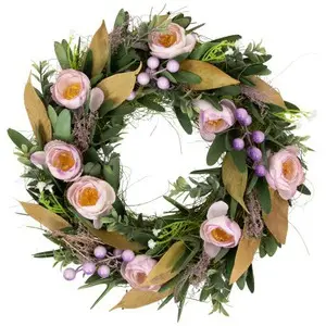 NORTHLIGHT Peonies And Greenery Small Artificial Spring Wreath13" - Purple