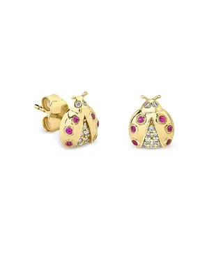 SYDNEY EVAN 14k Yellow Ruby And Diamond Ladybug Stud Earrings - Gold