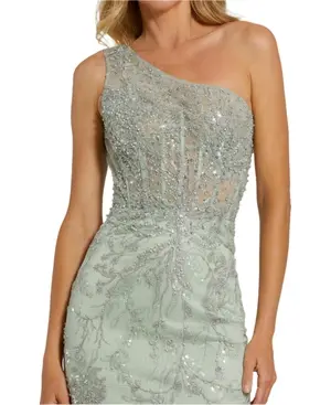 Mac Duggal One-shoulder Embellished Gown - Sage