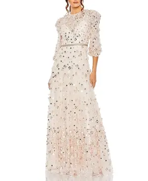 Mac Duggal Floral Applique Puff Sleeve A-line Gown - Blush